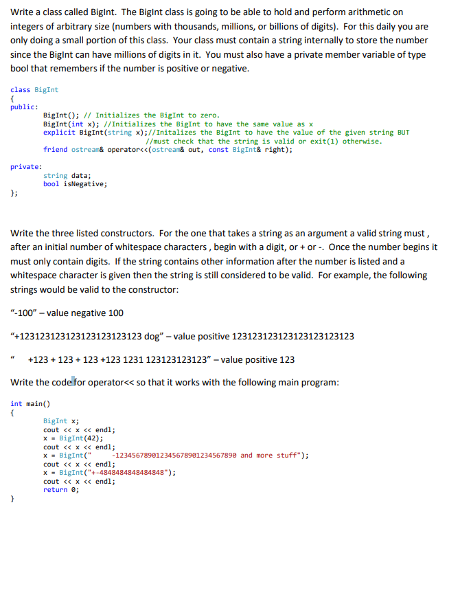 Solved Write a class called Biglnt. The Bigint class is | Chegg.com