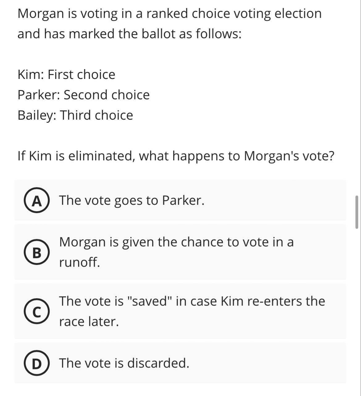 Solved Morgan is voting in a ranked choice voting election | Chegg.com