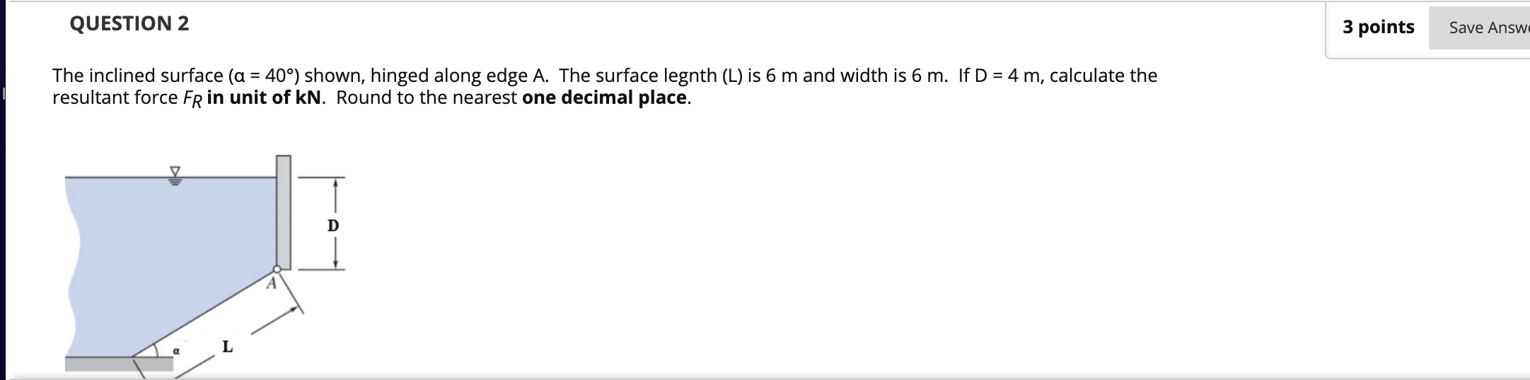 Solved The inclined surface (α = 40°) shown, hinged along | Chegg.com