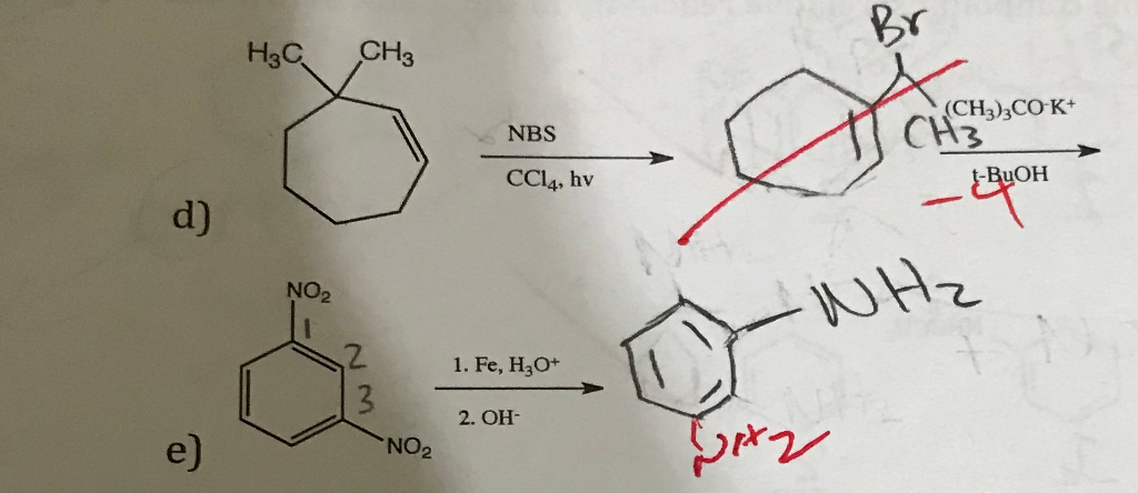 Solved CH3)3CO K+ NBS CCl4, hv UOH d) NO2 2. 1. Fe, H3O+ 2. | Chegg.com