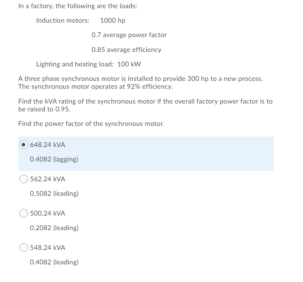 Solved In a factory, the following are the loads: Induction | Chegg.com