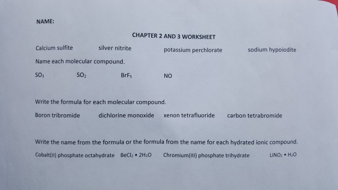 Solved NAME CHAPTER 2 AND 3 WORKSHEET silver nitrite Calcium | Chegg.com