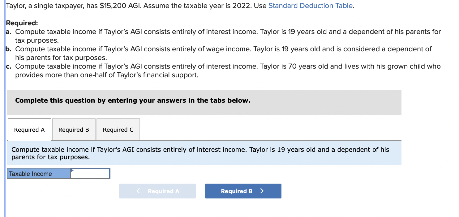 Solved Taylor, a single taxpayer, has $15,200AGI. Assume the | Chegg.com
