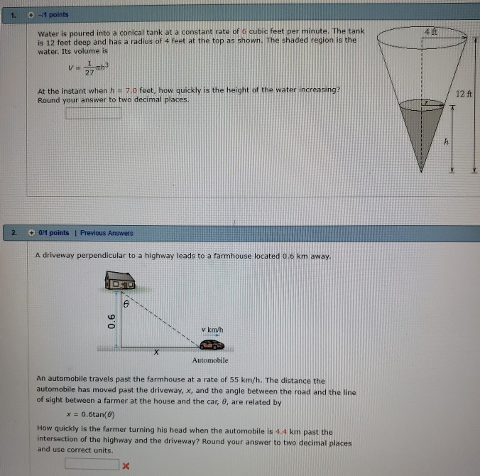 Solved 1. -1 points Water is poured into a conical tank at | Chegg.com