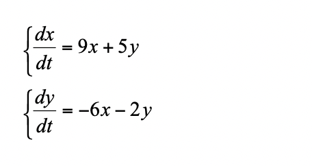 Solved {dtdx=9x+5y{dtdy=−6x−2y | Chegg.com