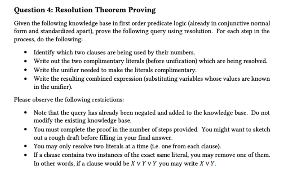 Question 4: Resolution Theorem Proving Given the | Chegg.com