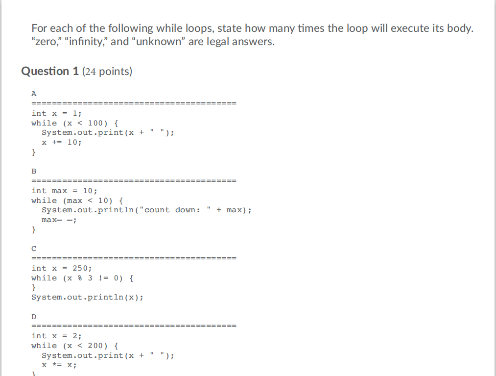 Solved For each of the following while loops, state how many | Chegg.com