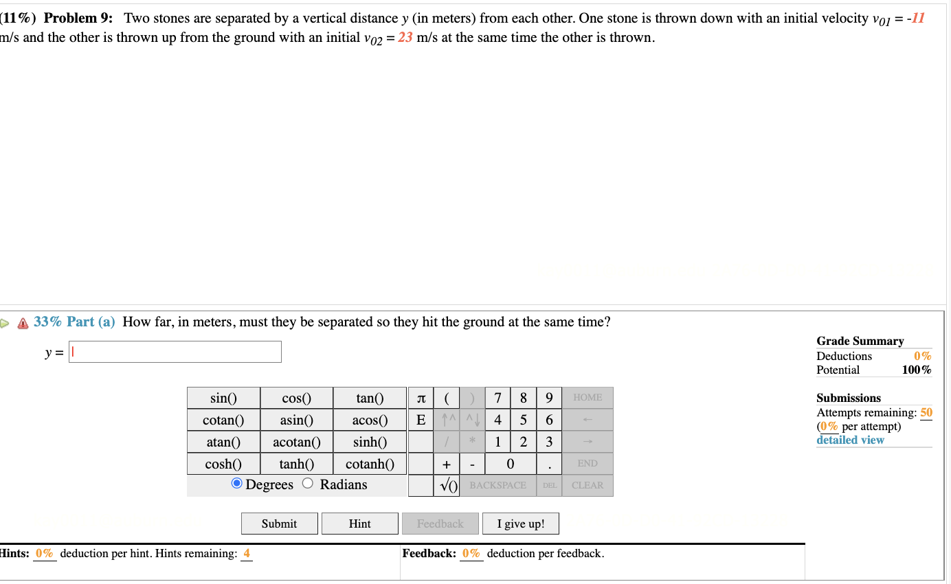 Solved 11\%) Problem 9: Two stones are separated by a | Chegg.com