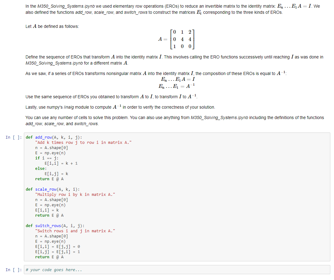 Solved In the M350_Solving Systems.ipynb we used elementary | Chegg.com