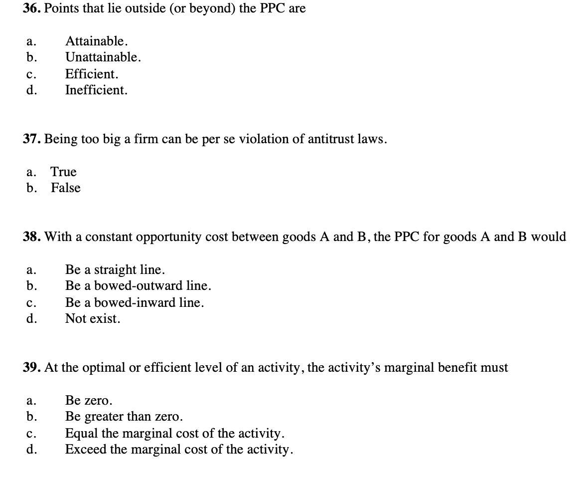 Solved 36. Points that lie outside (or beyond) the PPC are | Chegg.com