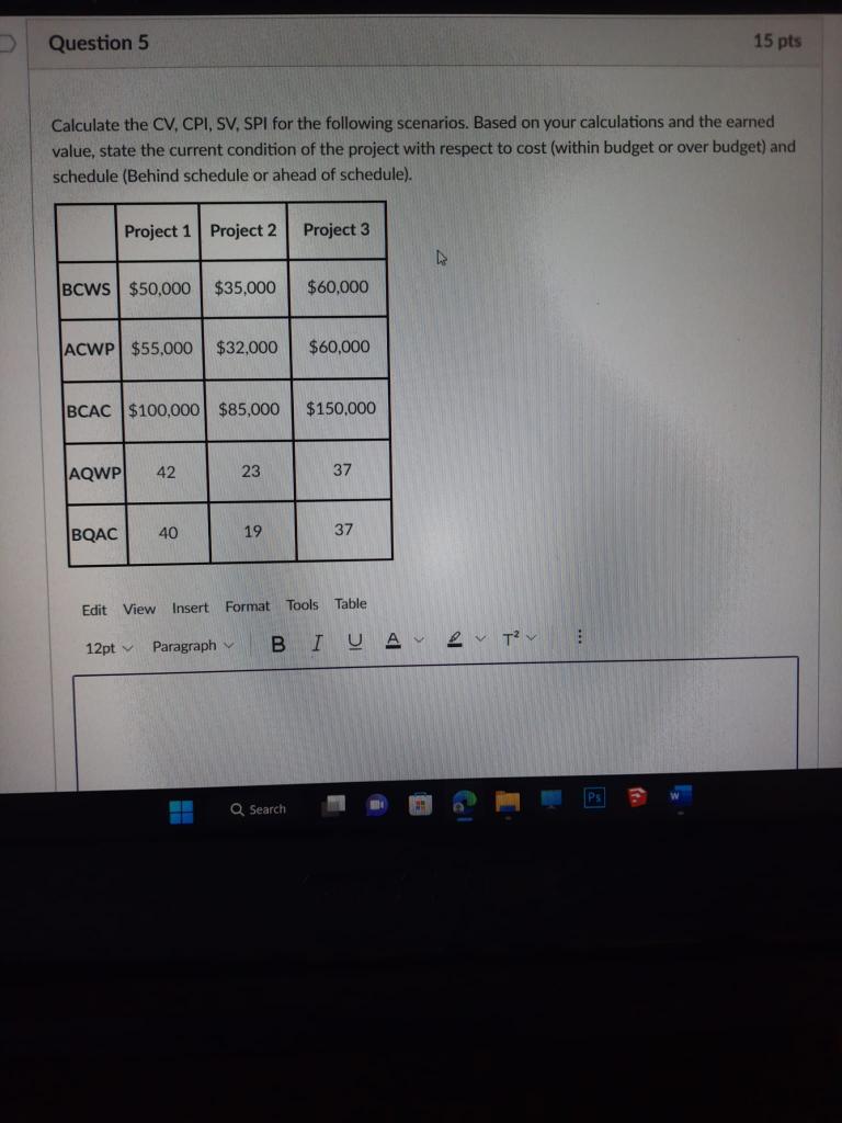Calculate the CV, CPI, SV, SPI for the following | Chegg.com