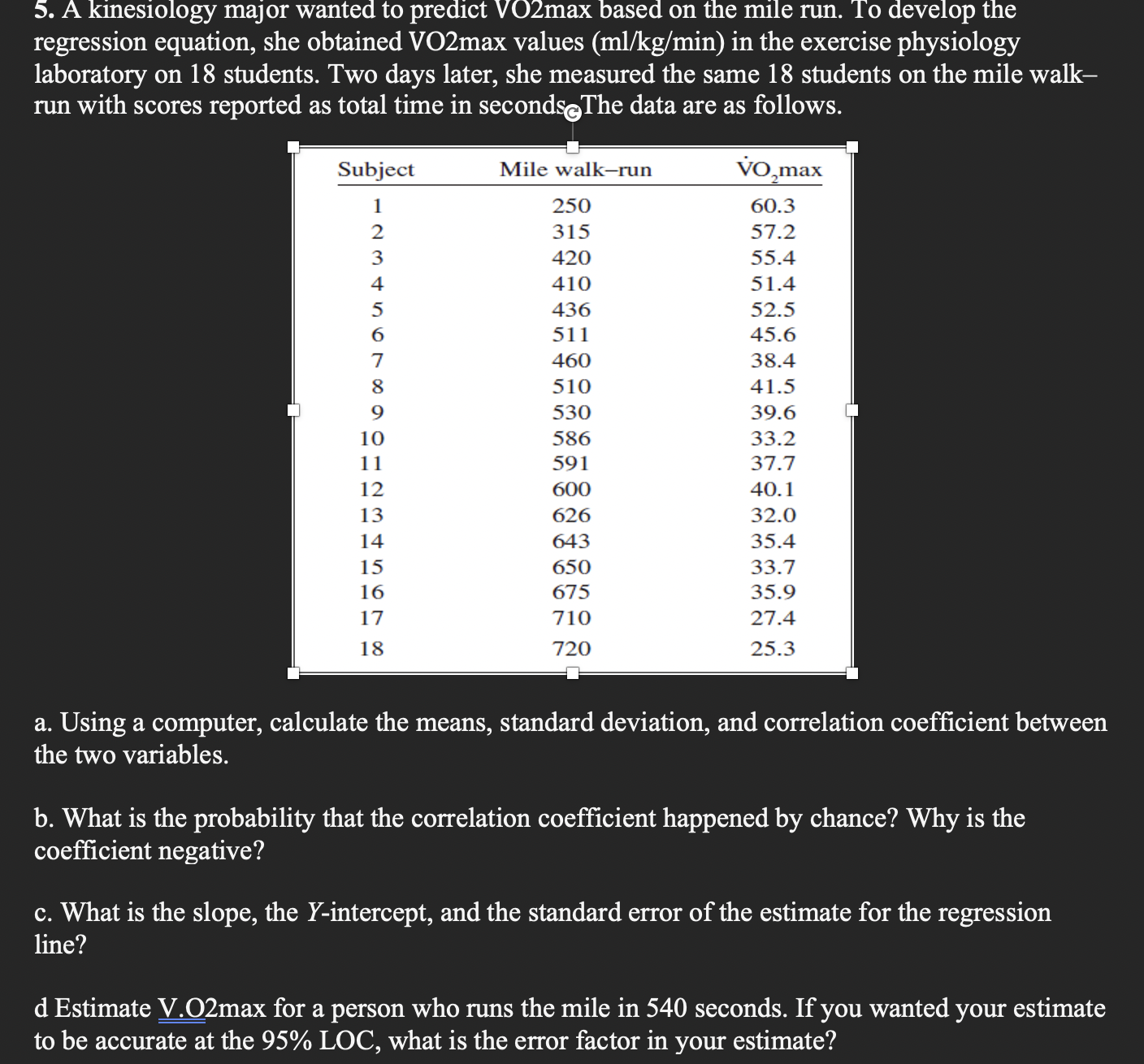 Solved 5. A kinesiology major wanted to predict VO2max based | Chegg.com