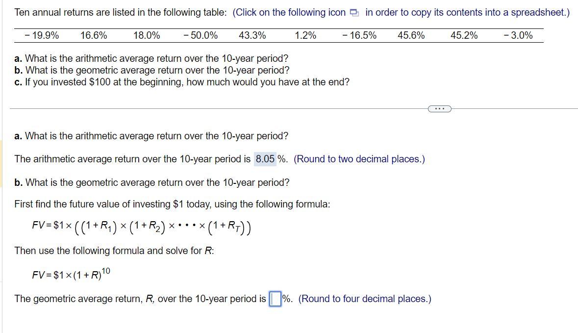 Solved a. What is the arithmetic average return over the 10 | Chegg.com