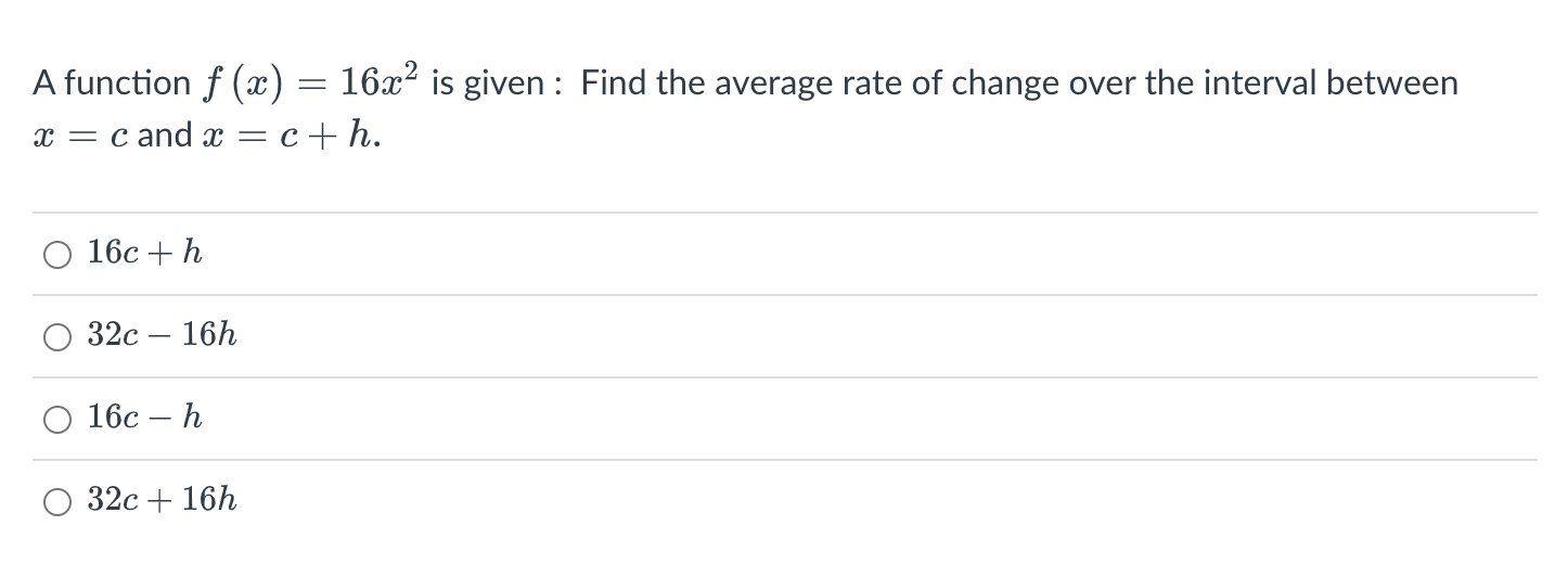 Solved = A function f (x) = 16x2 is given : Find the average | Chegg.com