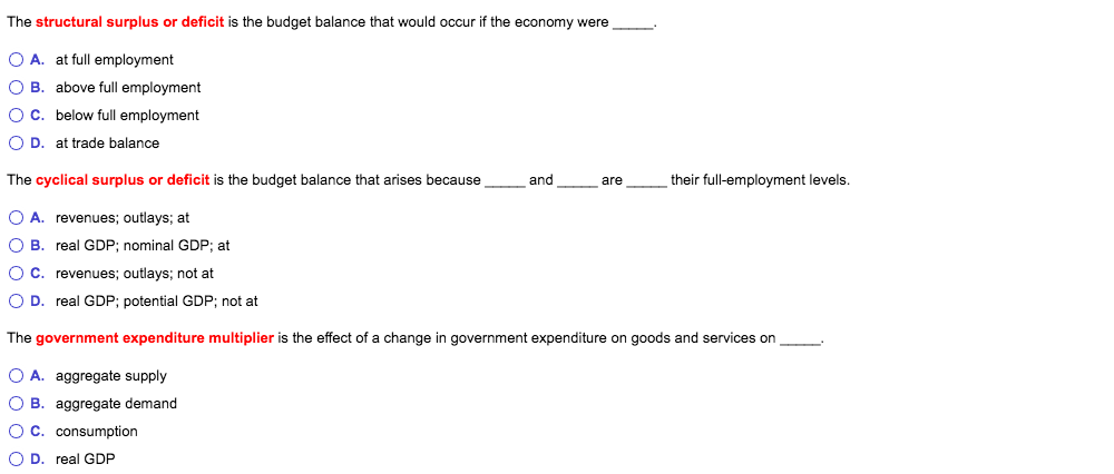 Solved The structural surplus or deficit is the budget | Chegg.com