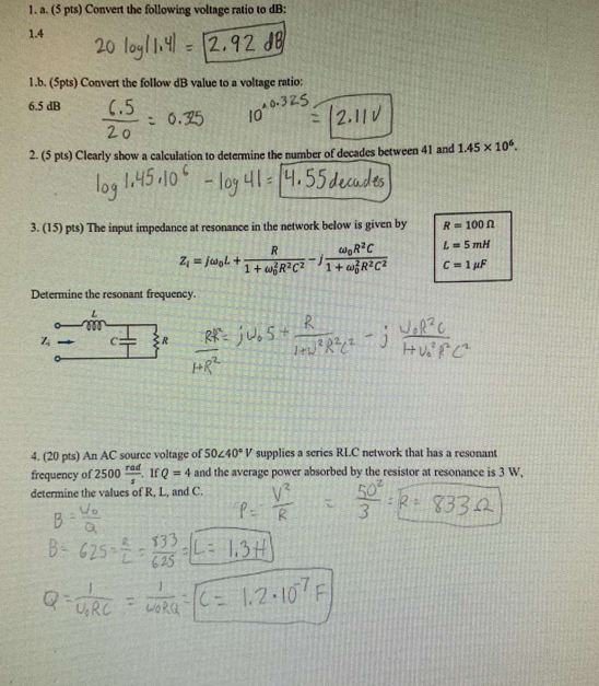 Solved 1. a. (5 pts) Convert the following voltage ratio to | Chegg.com