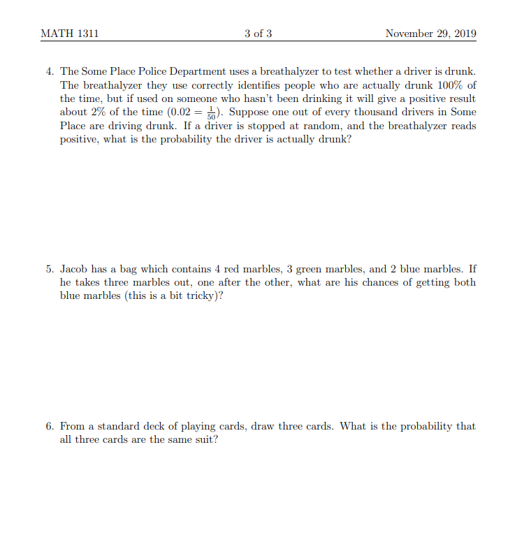 Solved MATH 1311 3 of 3 November 29, 2019 4. The Some Place | Chegg.com