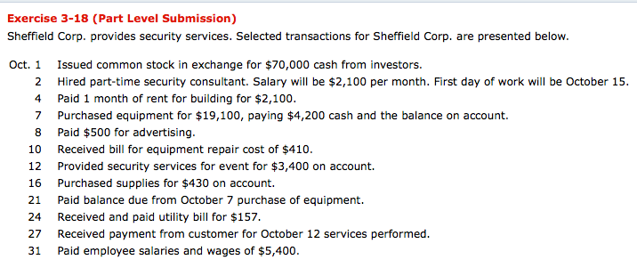 Solved Exercise 3-18 (Part Level Submission) Sheffield Corp. | Chegg.com