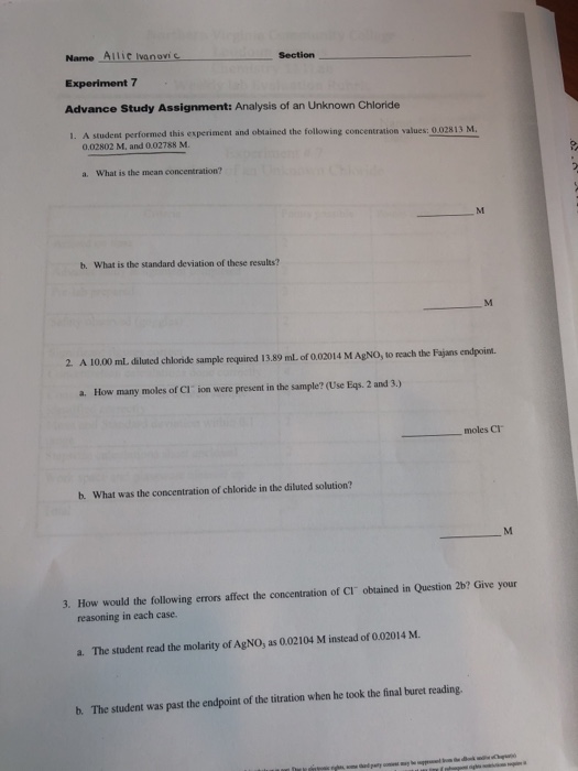 Solved Name Allic Ivanovi c Experiment 7 Advance Study | Chegg.com