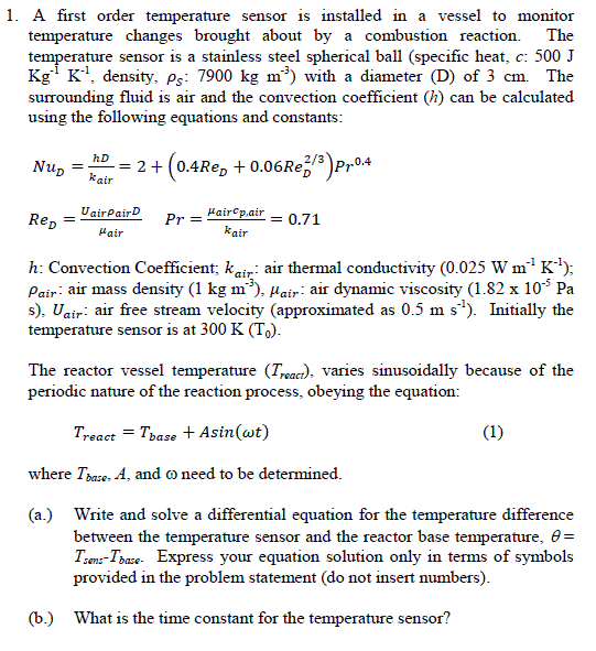 1. A first order temperature sensor is installed in a | Chegg.com