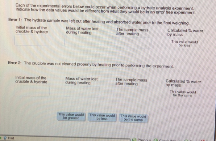 Solved ment. Each of the experimental errors below could | Chegg.com
