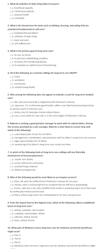 Solved 1. What do activities of dally living (ADLs) measure? | Chegg.com