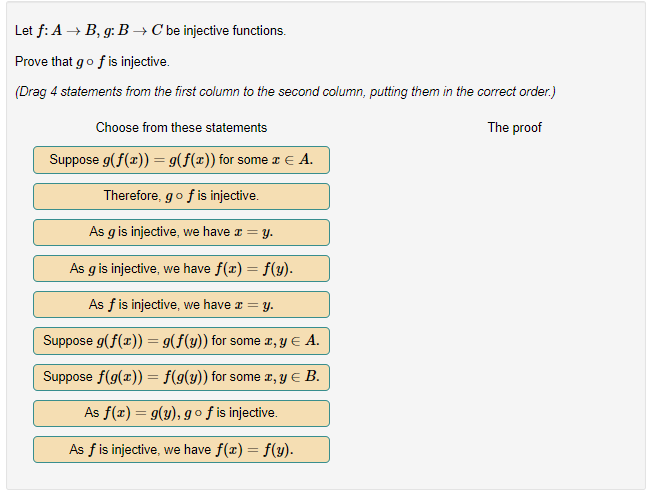 Solved Let f:A→B,g:B→C be injective functions. Prove that | Chegg.com
