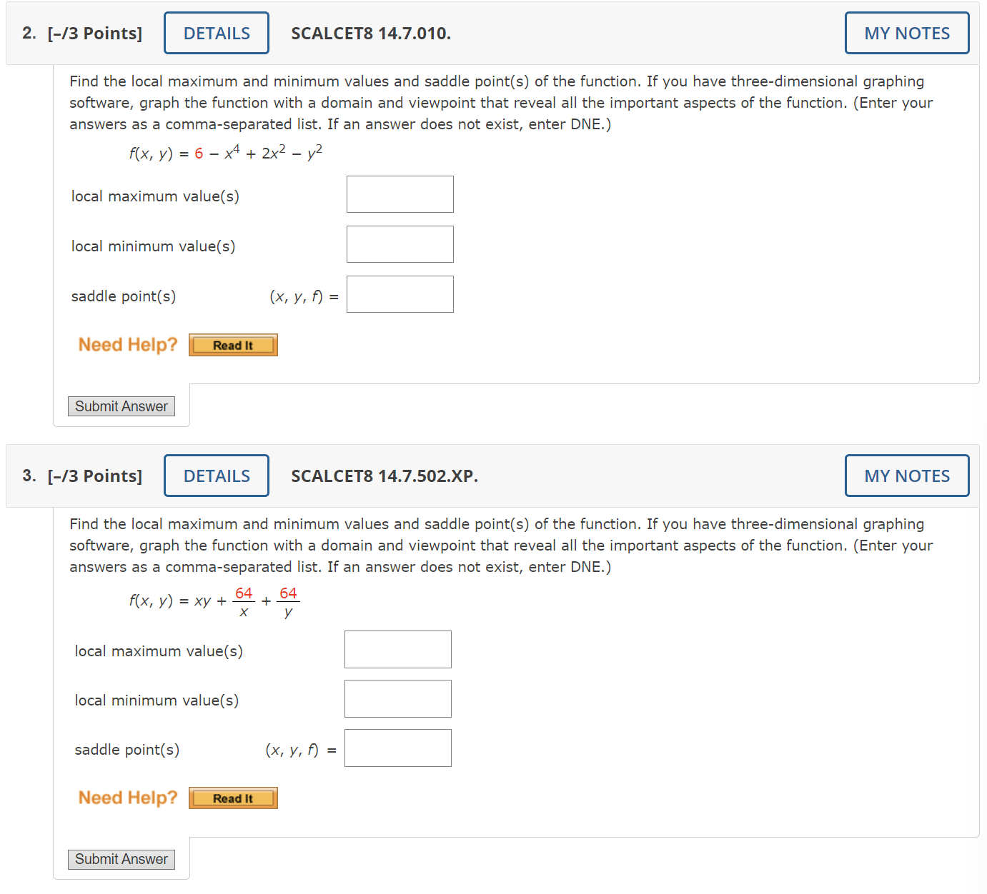 Solved [-/3 Points] SCALCET8 14.7.010. Find the local | Chegg.com