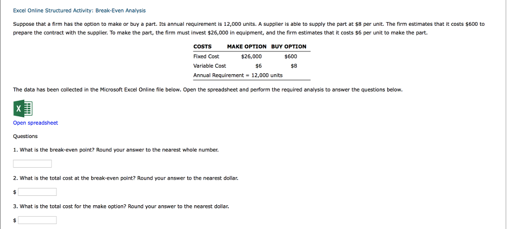 Solved Excel Online Structured Activity: Break-Even Analysis | Chegg.com