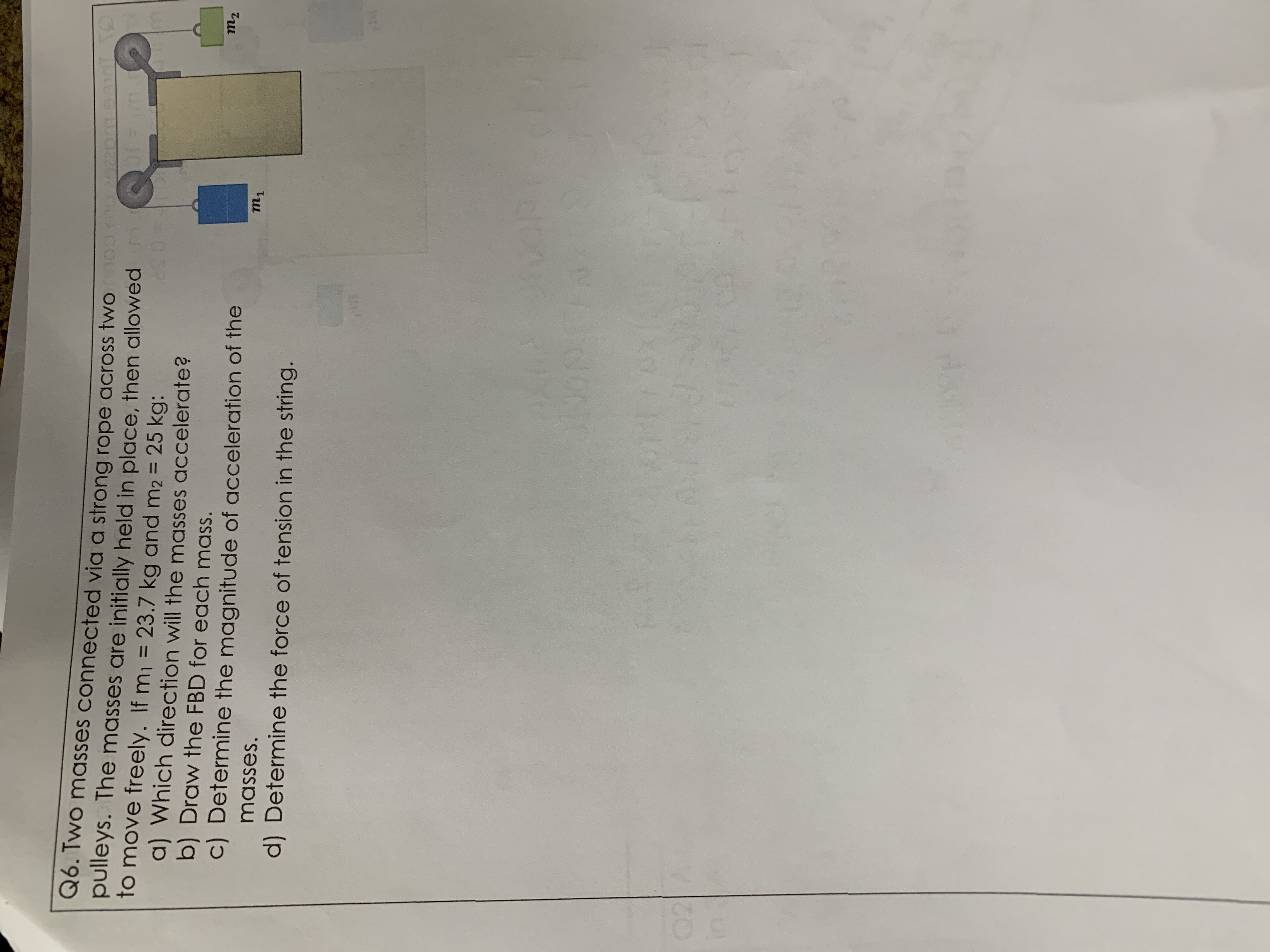 Solved Q6. ﻿Two masses connected via a strong rope across | Chegg.com