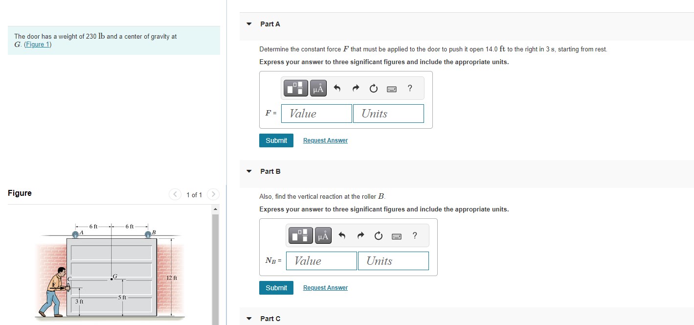 Solved The door has a weight of 230lb and a center of | Chegg.com