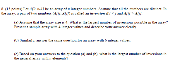 Solved 8. (15 points) Let A[0...n-1) be an array of n | Chegg.com