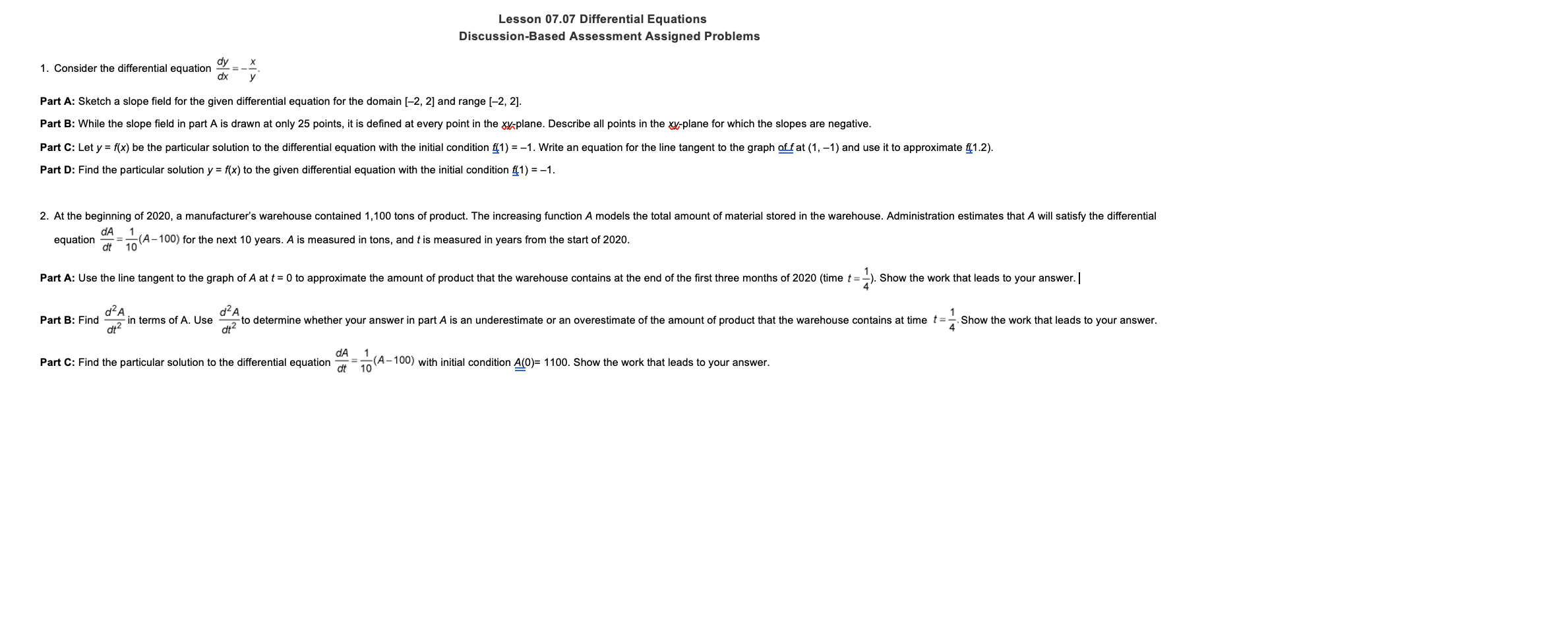 Solved Lesson 07.07 Differential Equations Discussion-Based | Chegg.com