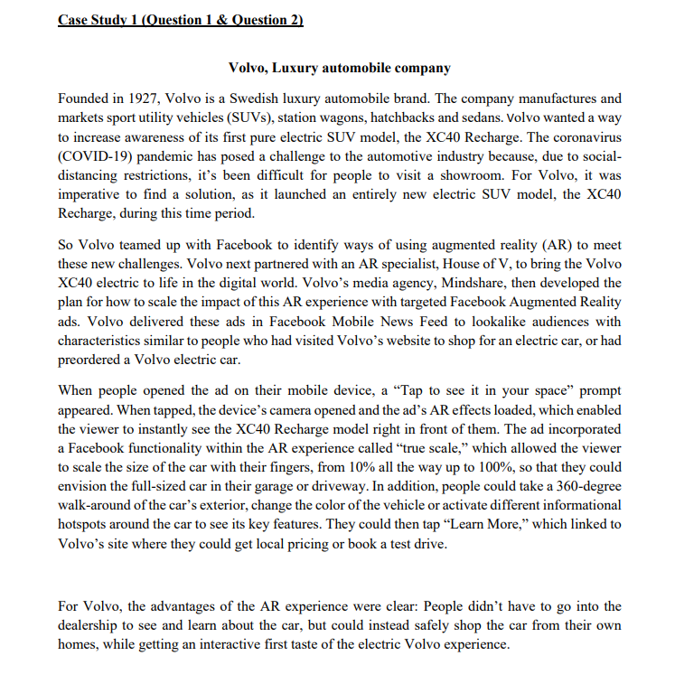 Solved Case Study 1 (Question 1 & Question 2) Volvo, Luxury | Chegg.com