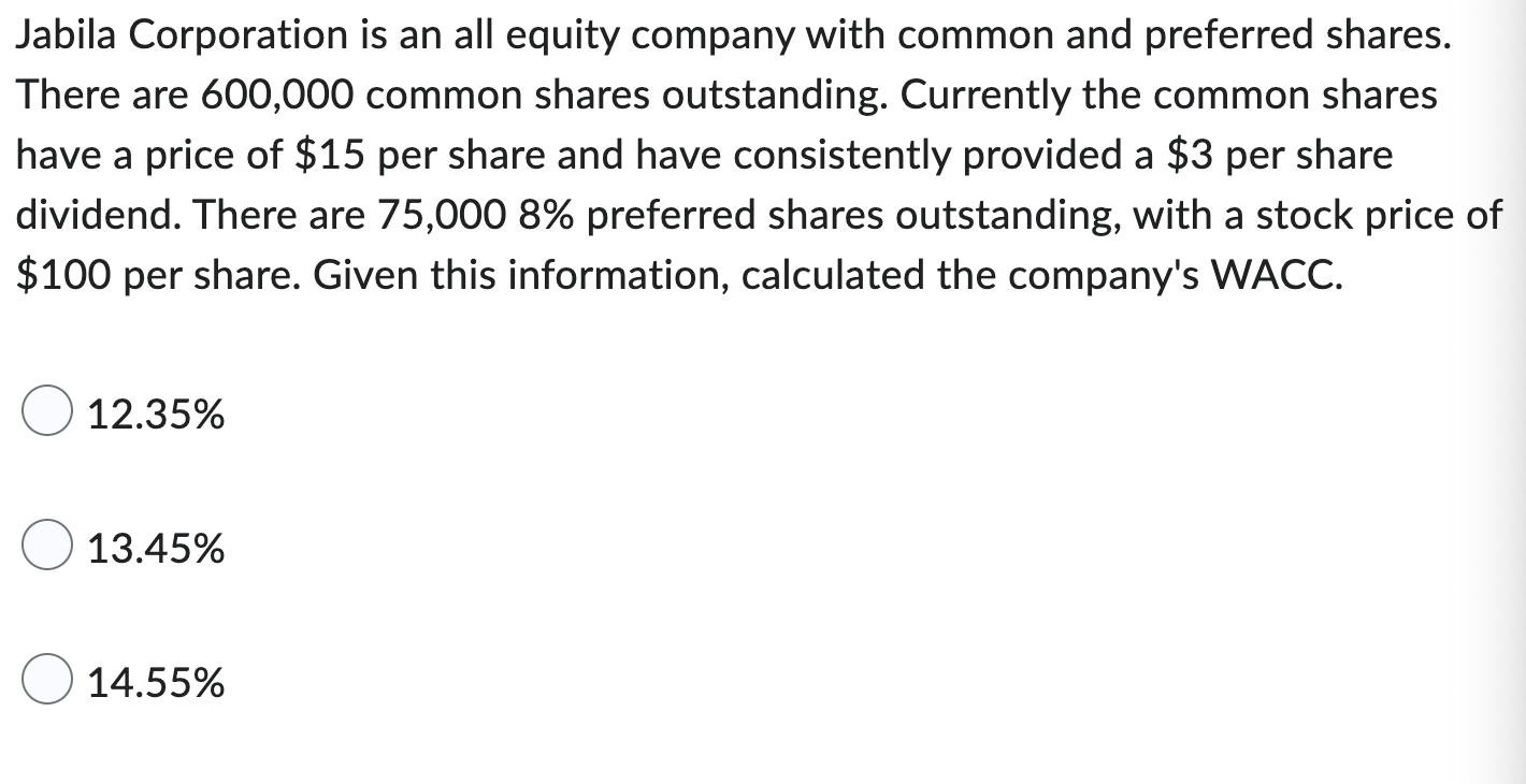 Solved Jabila Corporation is an all equity company with | Chegg.com