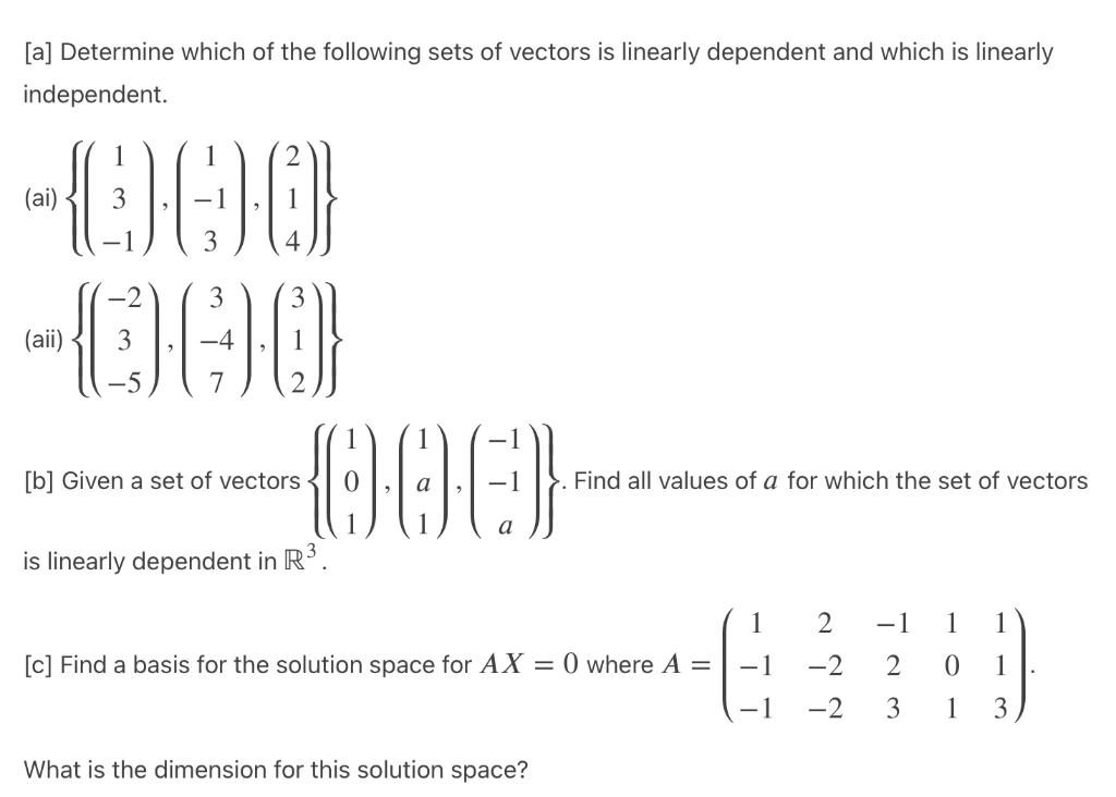 Solved [a] Determine which of the following sets of vectors | Chegg.com