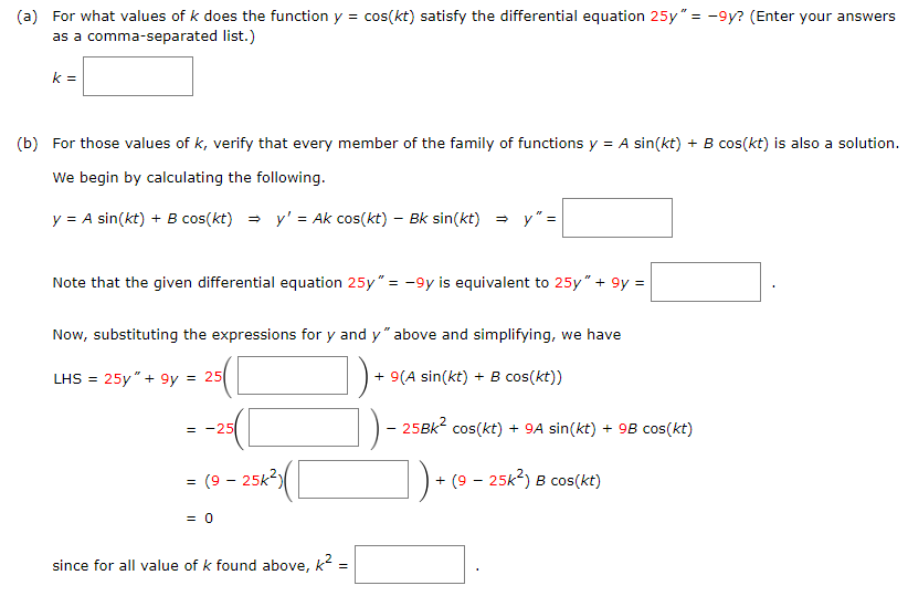 Solved (a) For what values of k does the function y=cos(kt) | Chegg.com