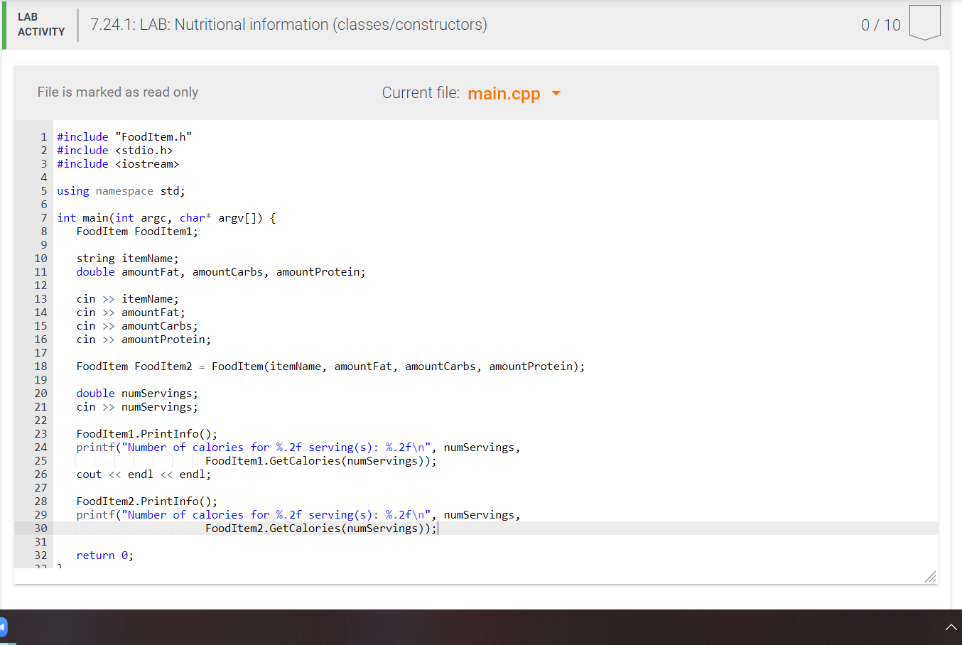 Solved Given main(), complete the FoodItem class (in files | Chegg.com