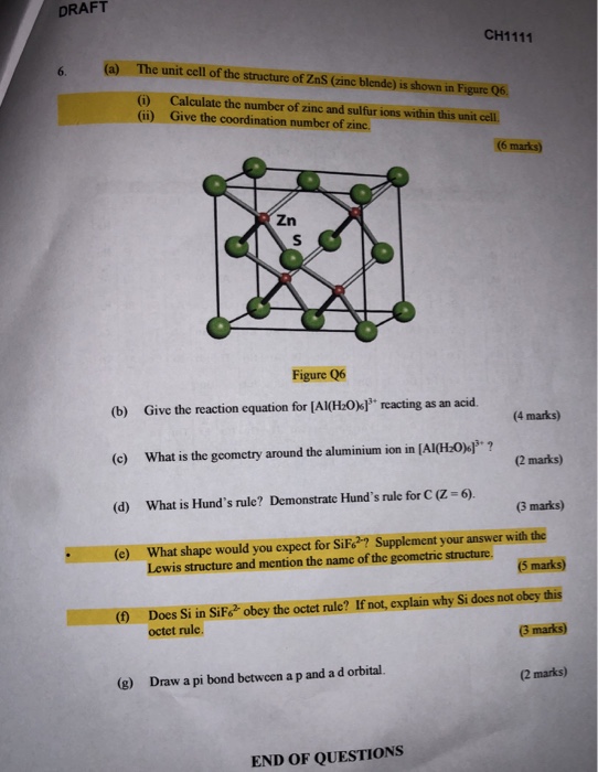 Solved DRAFT CH1111 6a)The unit cell of the structure of ZnS | Chegg.com