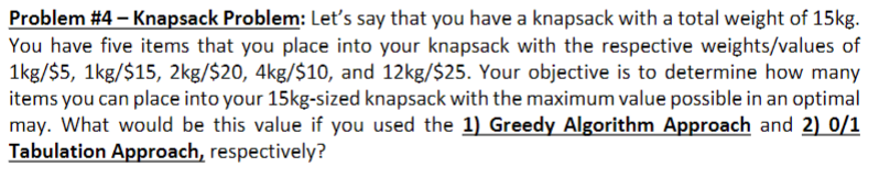 Solved Problem \#4 - Knapsack Problem: Let's say that you | Chegg.com