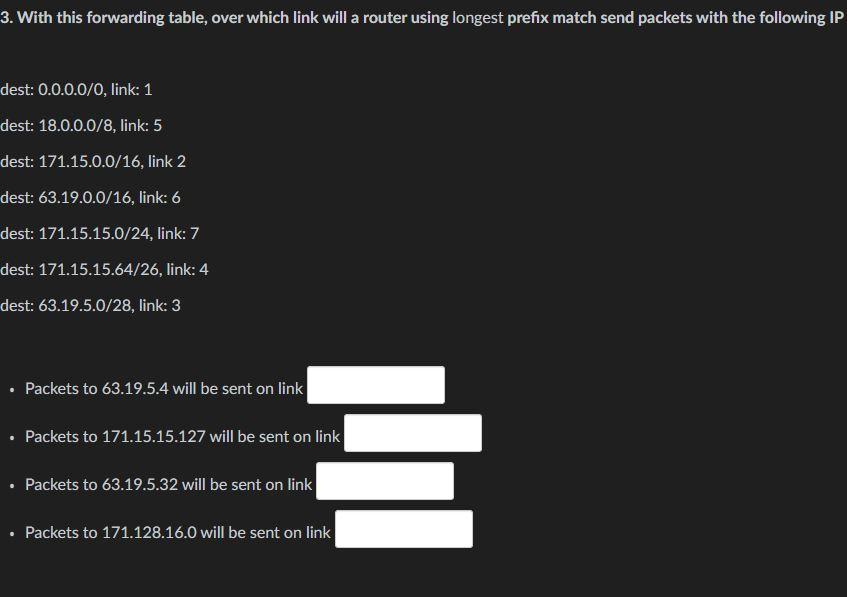 Solved With this forwarding table, over which link will a | Chegg.com