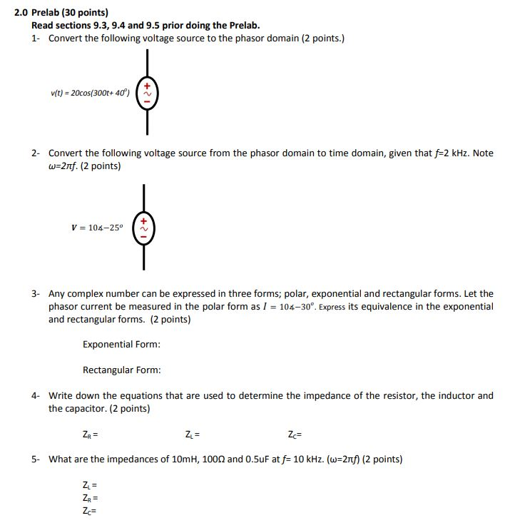 Solved 2.0 Prelab (30 points) Read sections 9.3, 9.4 and 9.5 | Chegg.com