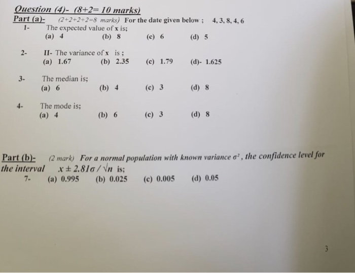 Solved Question (4)- Part (a (8+2= 10 marks) (2+2+2+2-8 | Chegg.com