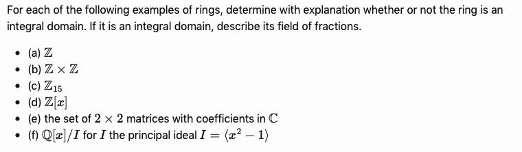 Solved For each of the following examples of rings, | Chegg.com