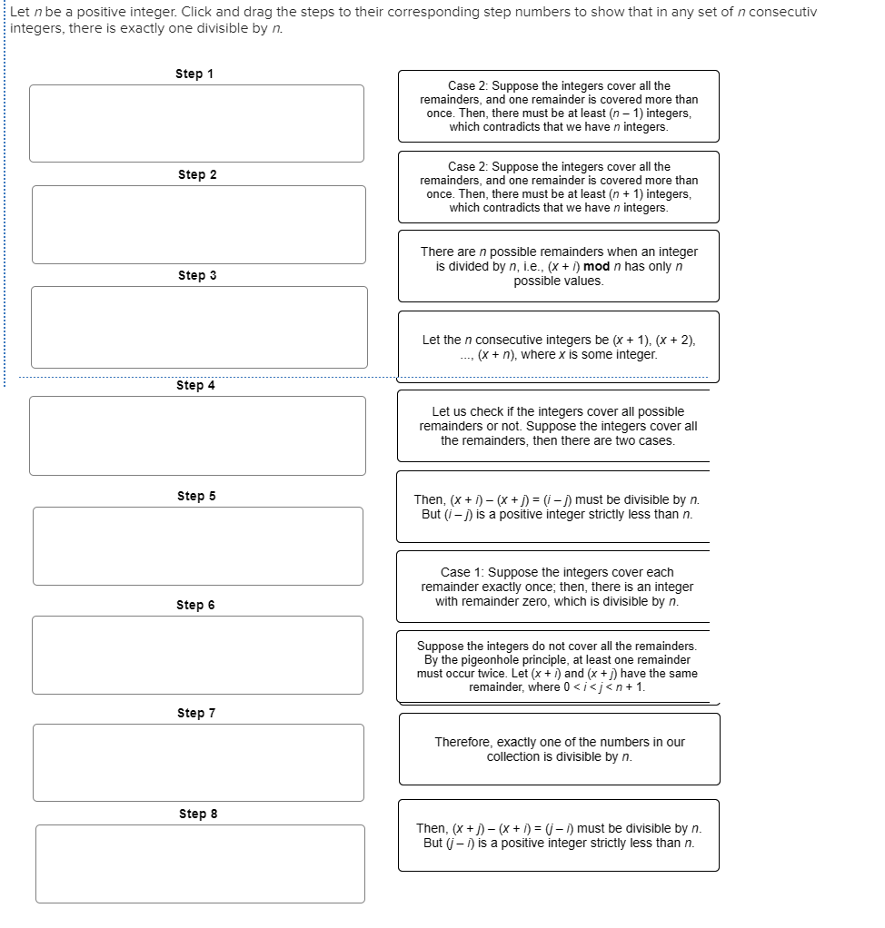 Solved Let n be a positive integer. Click and drag the steps | Chegg.com