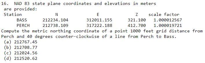 Solved NAD 83 state plane coordinates and elevations in | Chegg.com