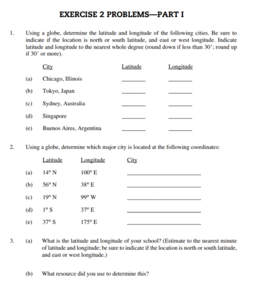 Solved EXERCISE 2 PROBLEMS-PART I Using a globe, determine | Chegg.com