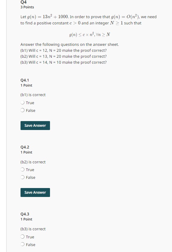 Solved Q43 ﻿PointsLet g(n)=13n2+1000. ﻿In order to prove | Chegg.com