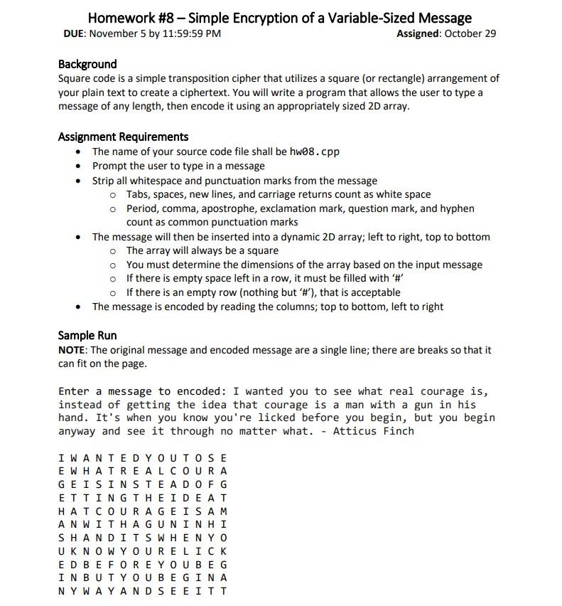Solved Homework #8 - Simple Encryption of a Variable-Sized | Chegg.com