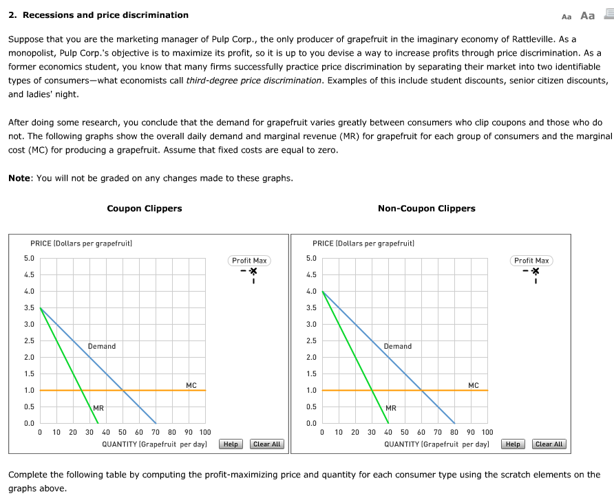 Solved 2. Recessions and price discrimination Aa Aa Suppose | Chegg.com